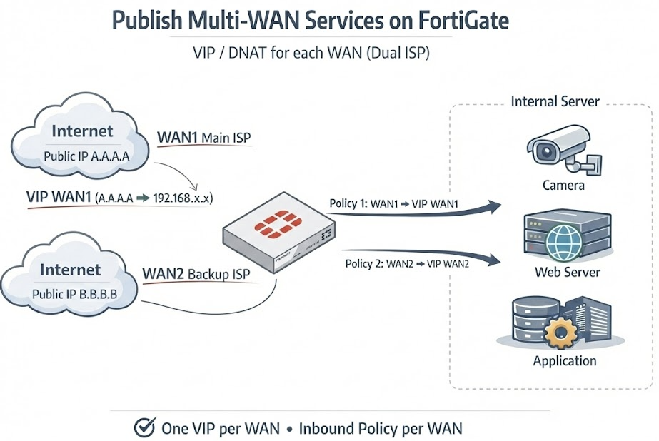 Publish dịch vụ đa WAN trên FortiGate – VIP/DNAT đúng cách khi có 2 IS